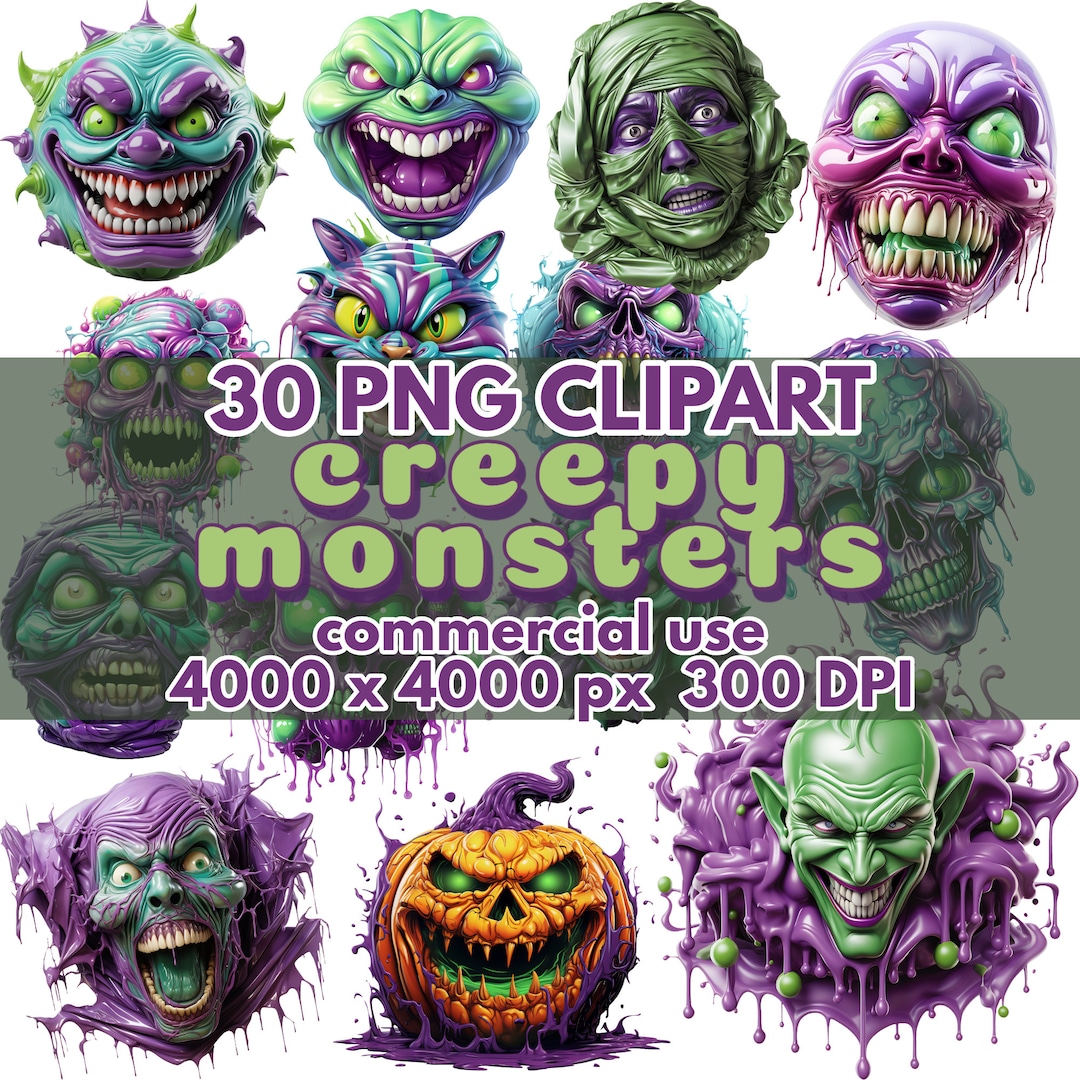 Halloween Creepy Monsters Clipart PNG Bundle Digital Download - Etsy