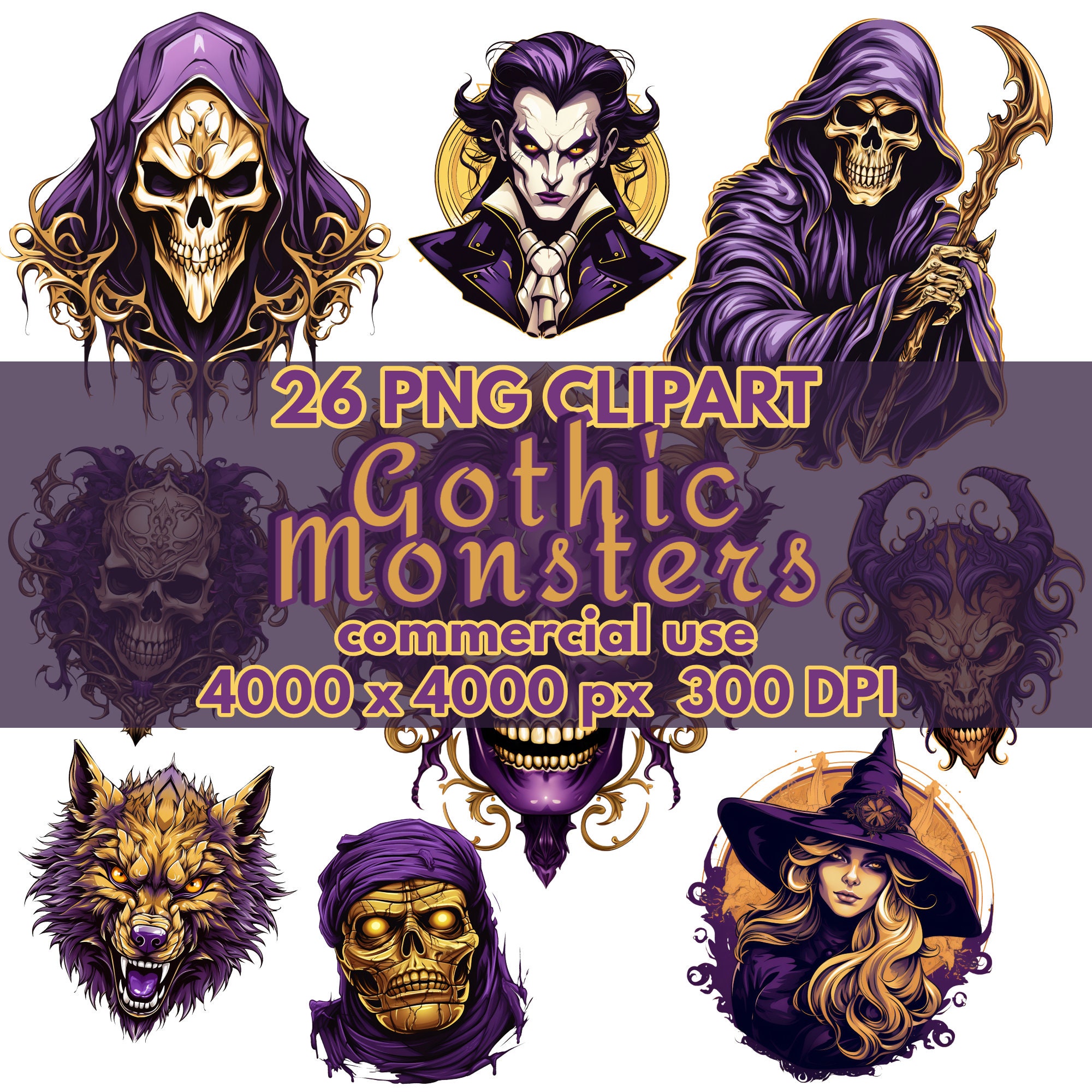 Gothic Monsters CLIPART Pack Purple Halloween Creatures PNG Bundle ...