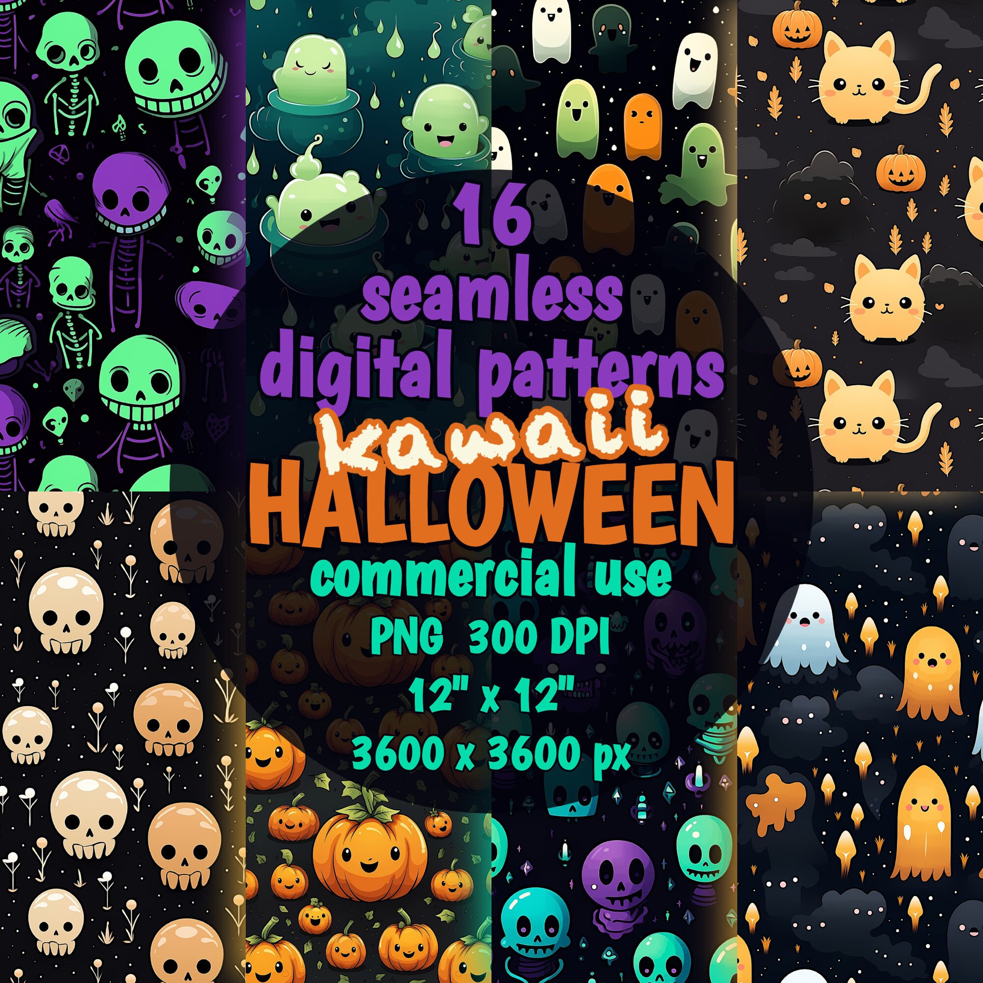 Kawaii Halloween Digital Papers PNG Printable Spooky Seamless Patterns ...