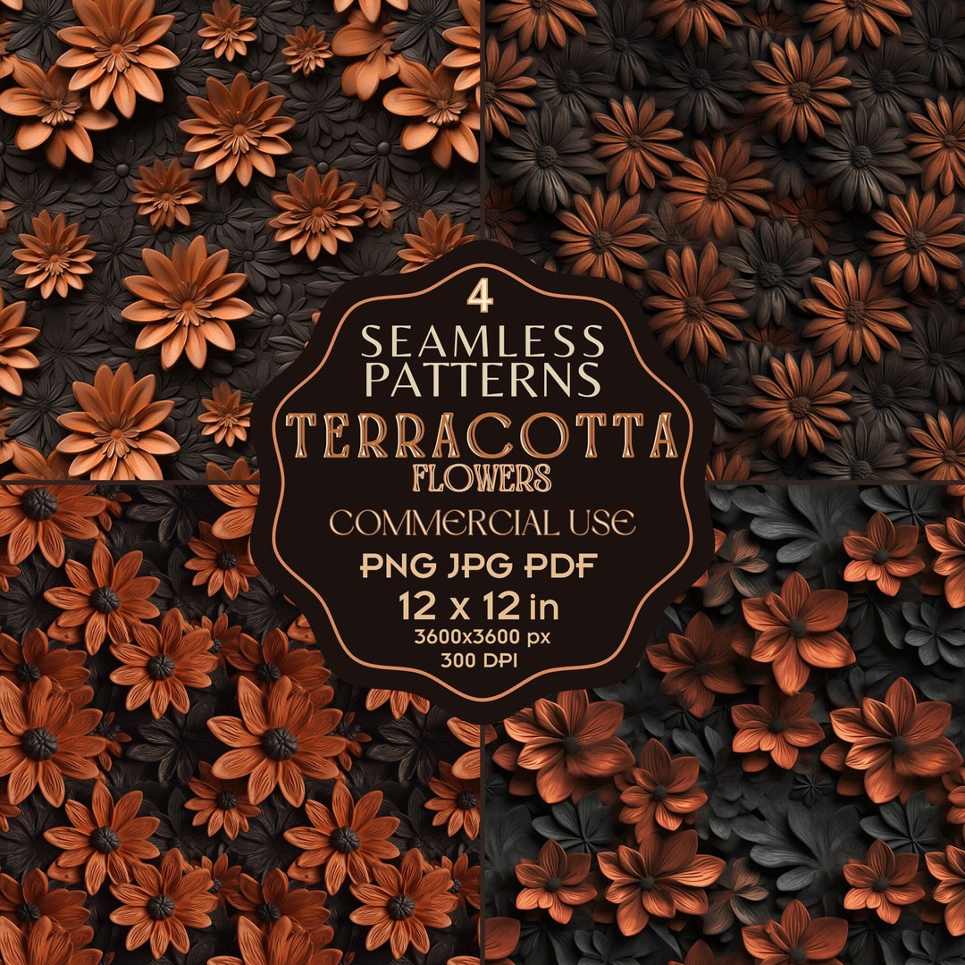 Terracotta Flowers DIGITAL Paper Pack SEAMLESS Patterns Printable Clay ...