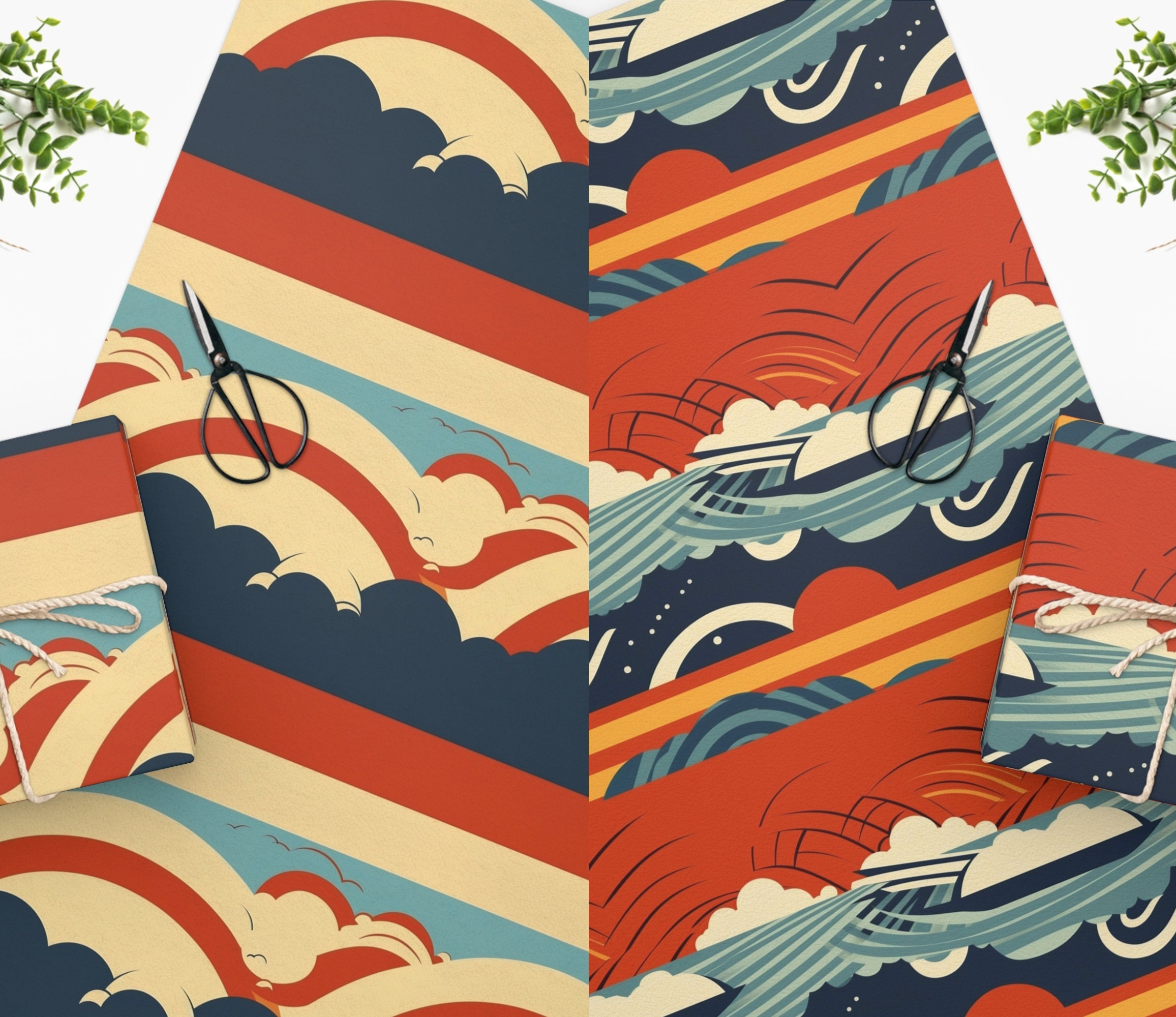 Retro Waves & Clouds Digital Papers JPG Printable Retro Wavy Abstract ...