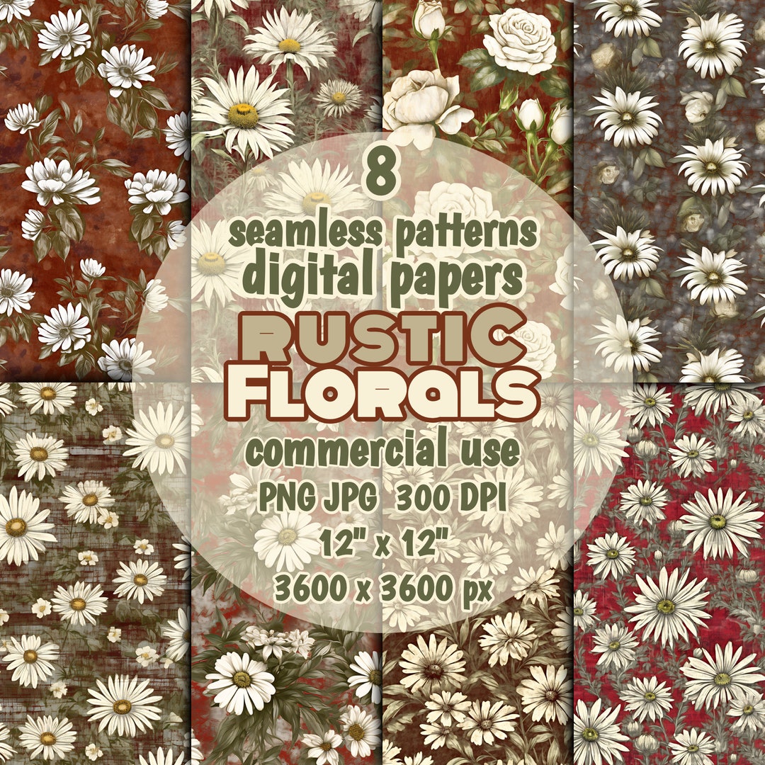 Rustic Vintage Florals SEAMLESS Patterns Printable Rusty Daisies ...