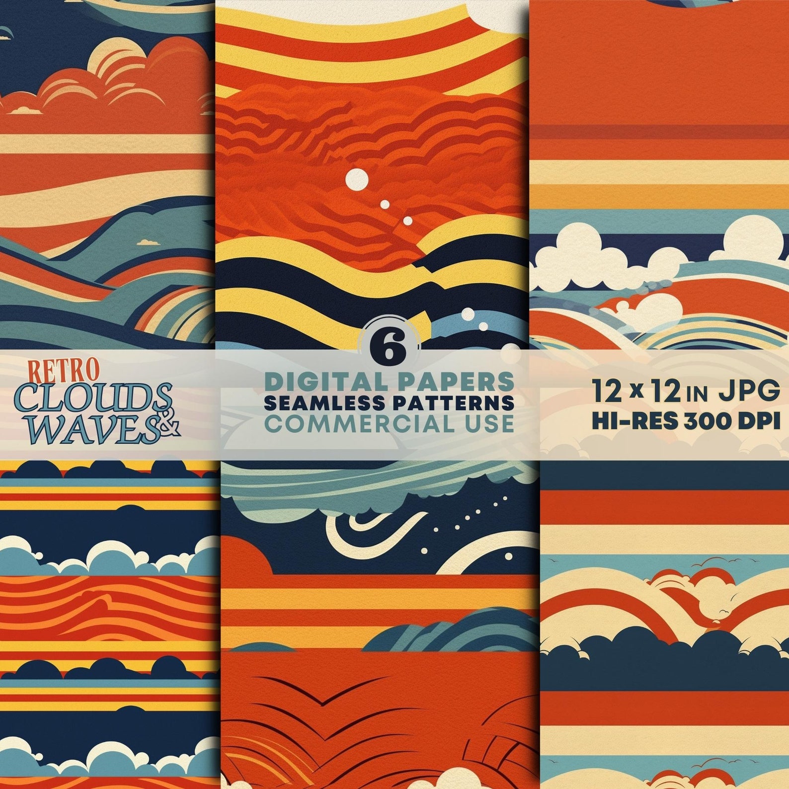 Retro Waves & Clouds Digital Papers JPG Printable Retro Wavy Abstract ...