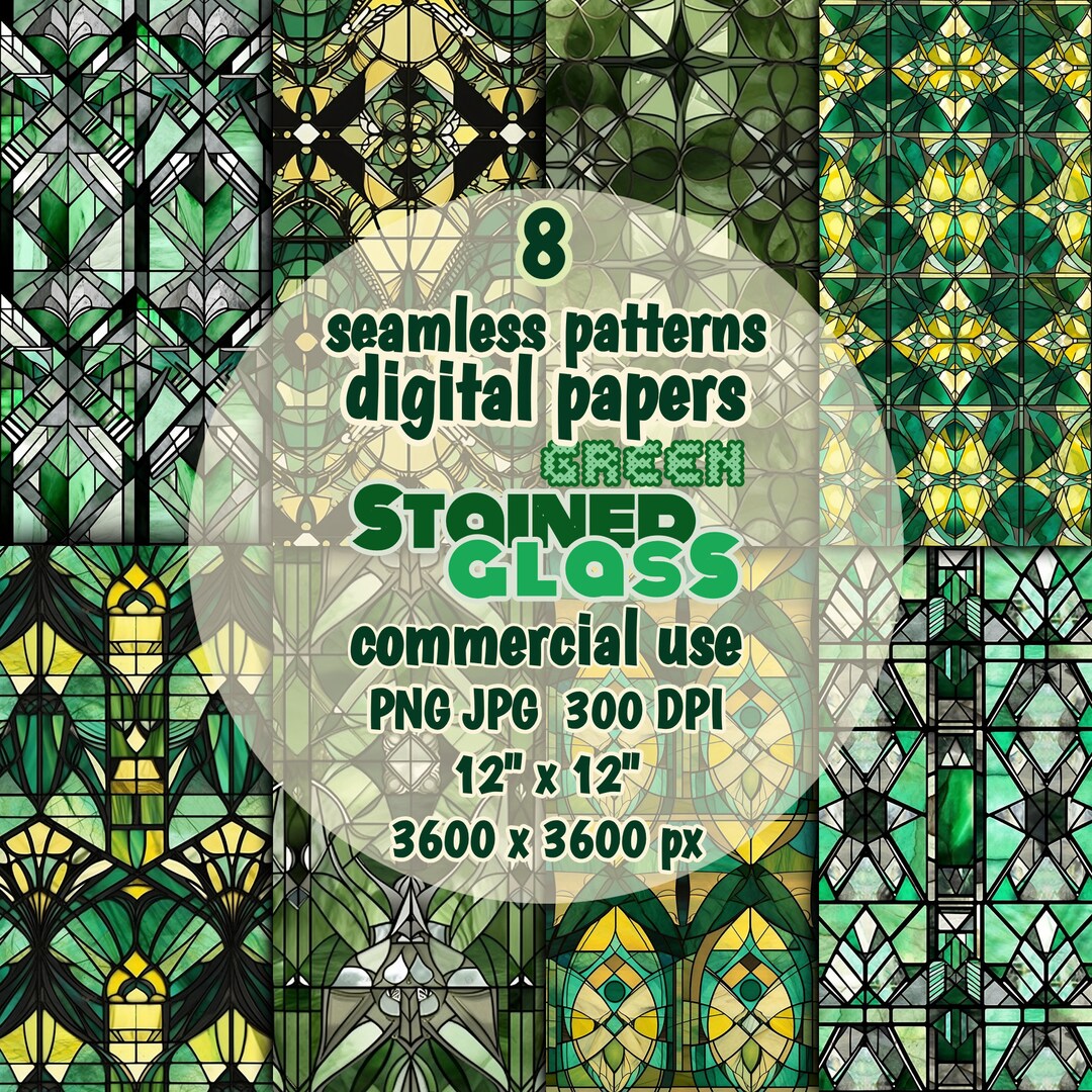Green Stained Glass DIGITAL Papers Printable Art Deco Mosaic SEAMLESS ...