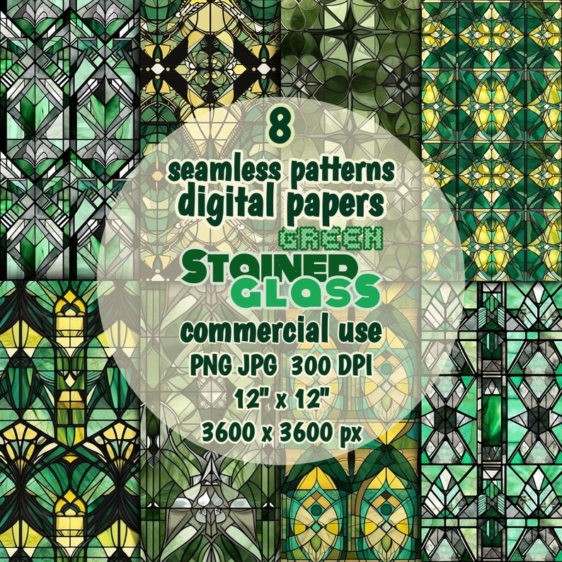 Green Stained Glass DIGITAL Papers Printable Art Deco Mosaic SEAMLESS ...