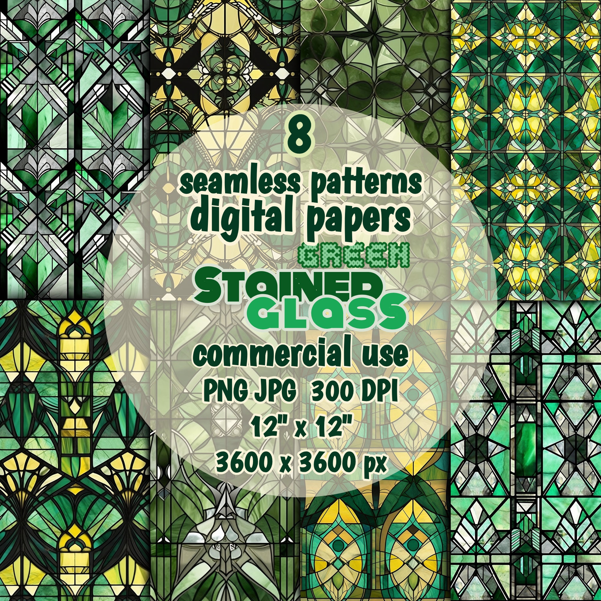 Green Stained Glass DIGITAL Papers Printable Art Deco Mosaic SEAMLESS ...
