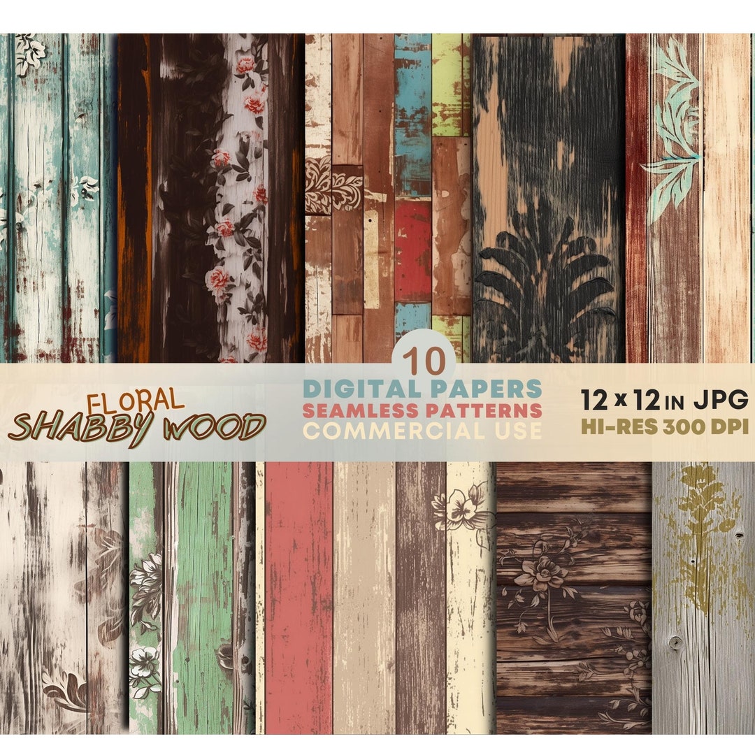 Ornate Floral Wood Planks SEAMLESS Patterns Distressed Wood Textures ...