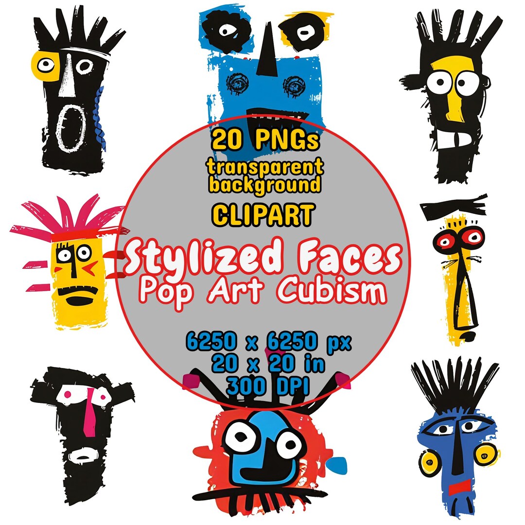 Stylized Faces CLIPART Bundle, 80s Pop Art Cubism Twisted Faces Clip ...