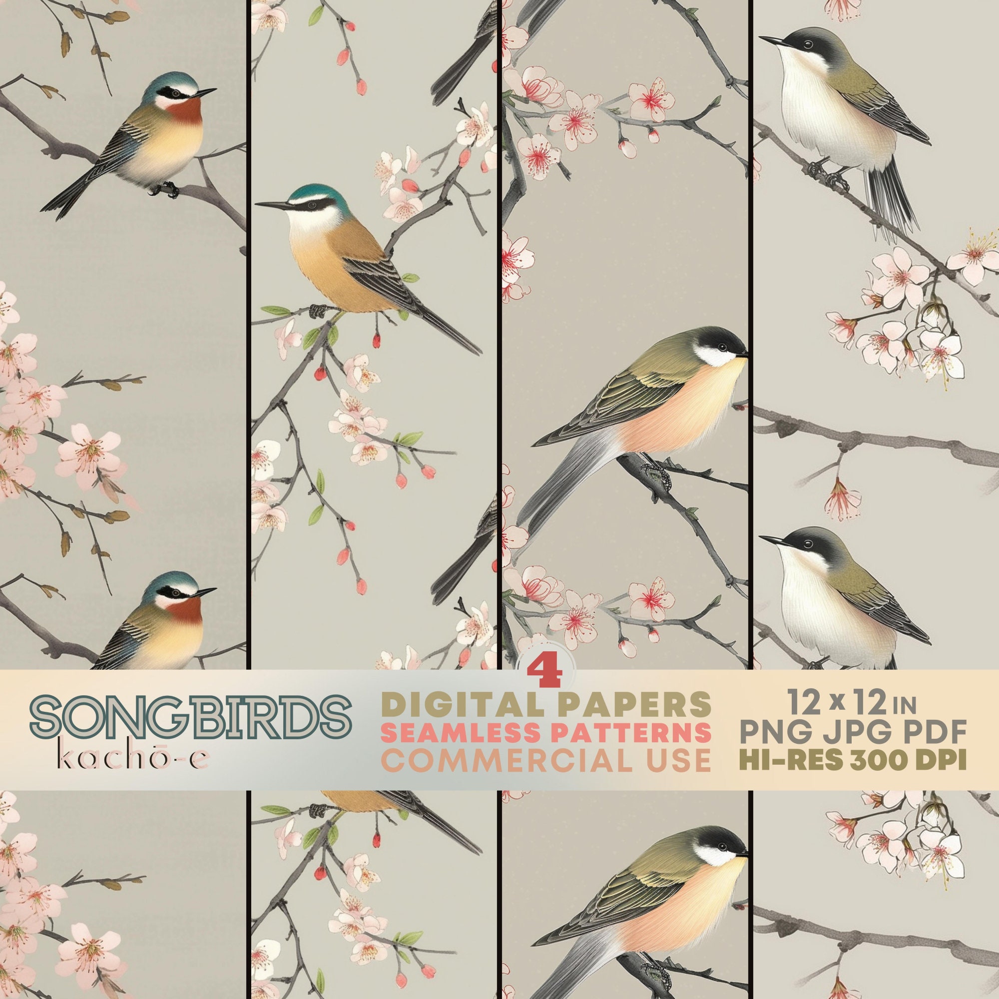 Kachō-e Songbirds SEAMLESS Patterns Printable Japanese Birds DIGITAL ...