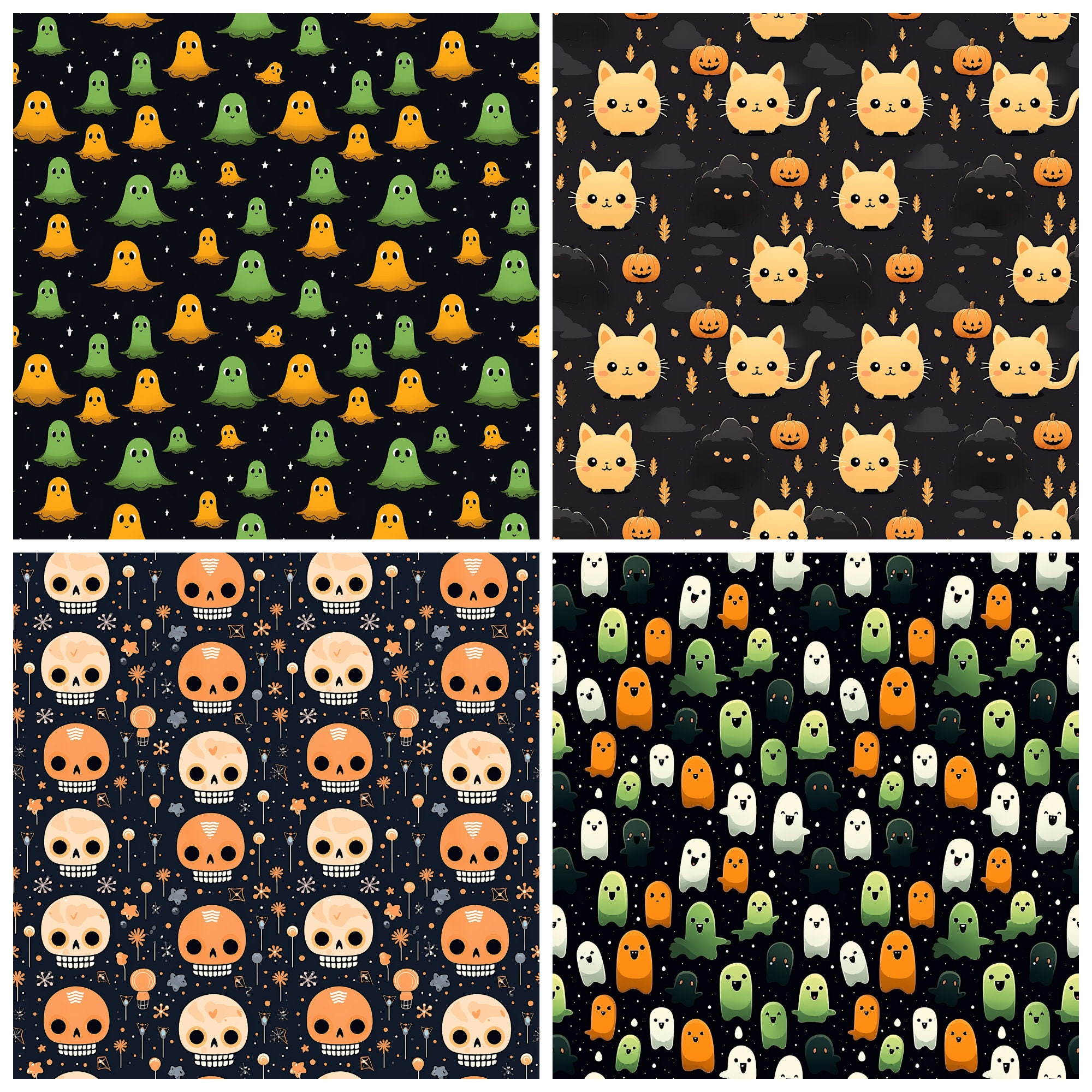 Kawaii Halloween Digital Papers PNG Printable Spooky Seamless Patterns ...