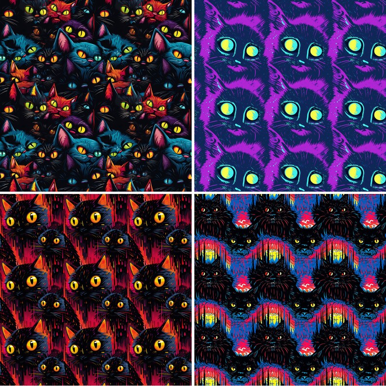 Black Cats SEAMLESS Patterns Bundle Printable Halloween Spooky Cat ...