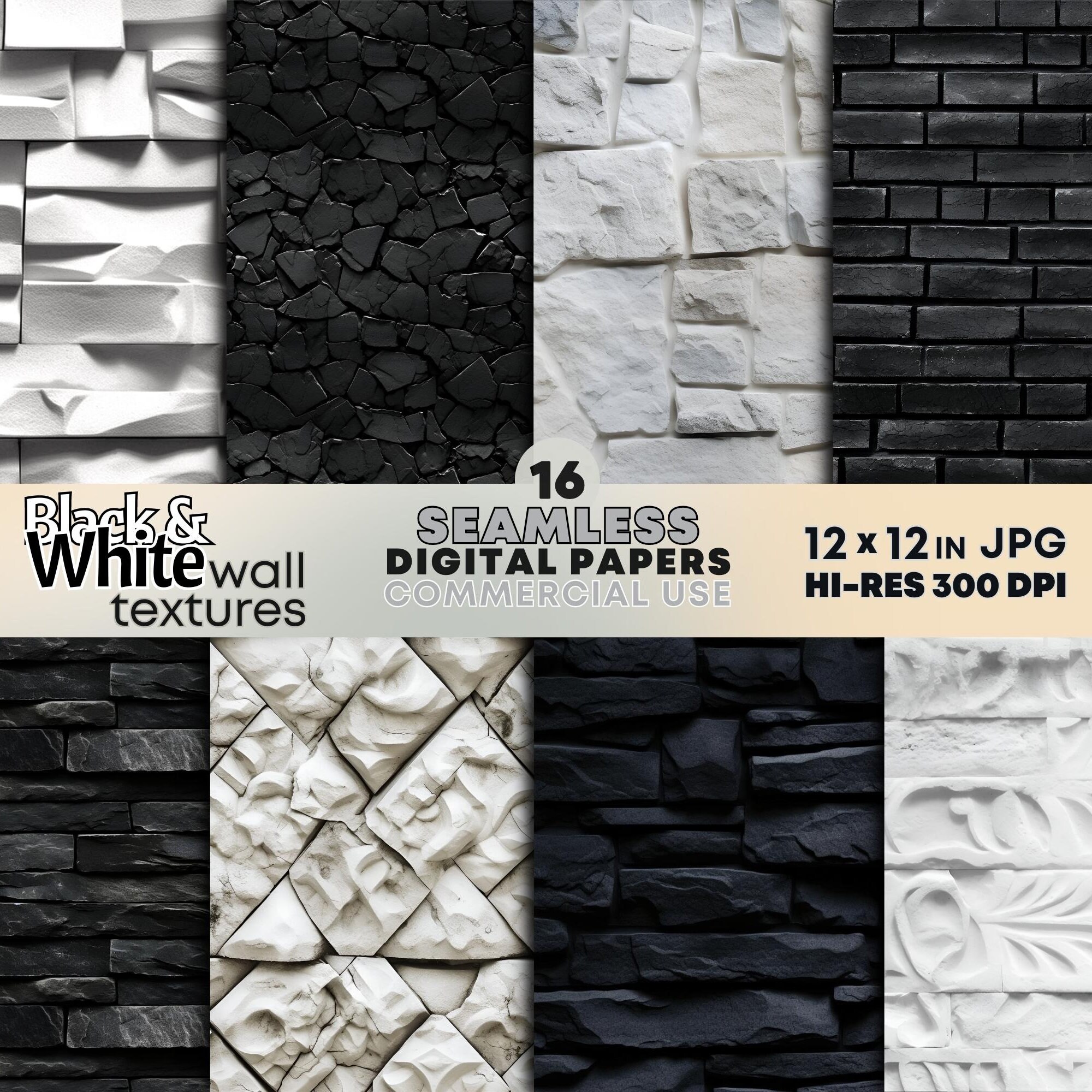 Brick & Stone Wall Textures DIGITAL Papers Printable Black White Walls ...