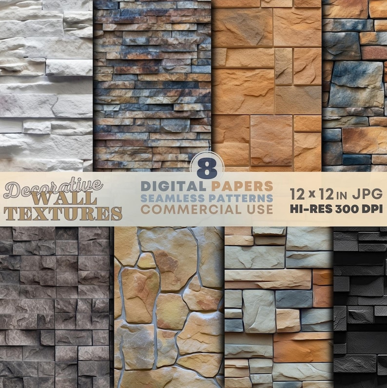 Stone Wall Texture Digital Paper, Seamless Cladding Patterns (digital ...
