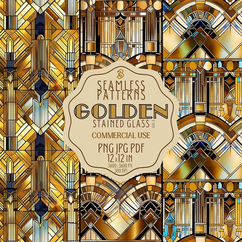Stained Glass Digital Paper & Seamless Patterns - Golden Luxury Art ...