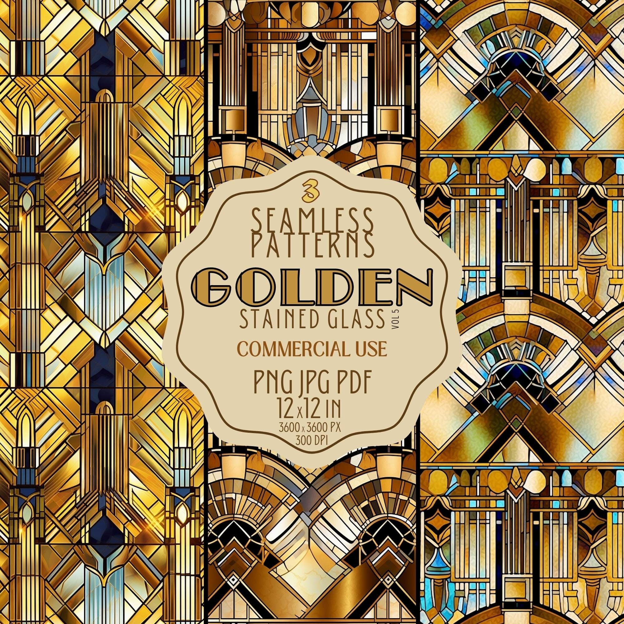 Stained Glass Digital Paper & Seamless Patterns - Golden Luxury Art ...