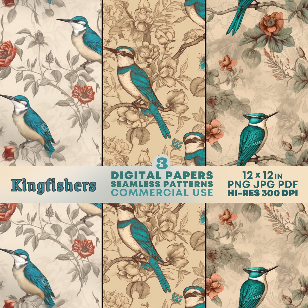 Kingfisher Birds SEAMLESS Patterns Printable Vintage Green Blue Birds ...