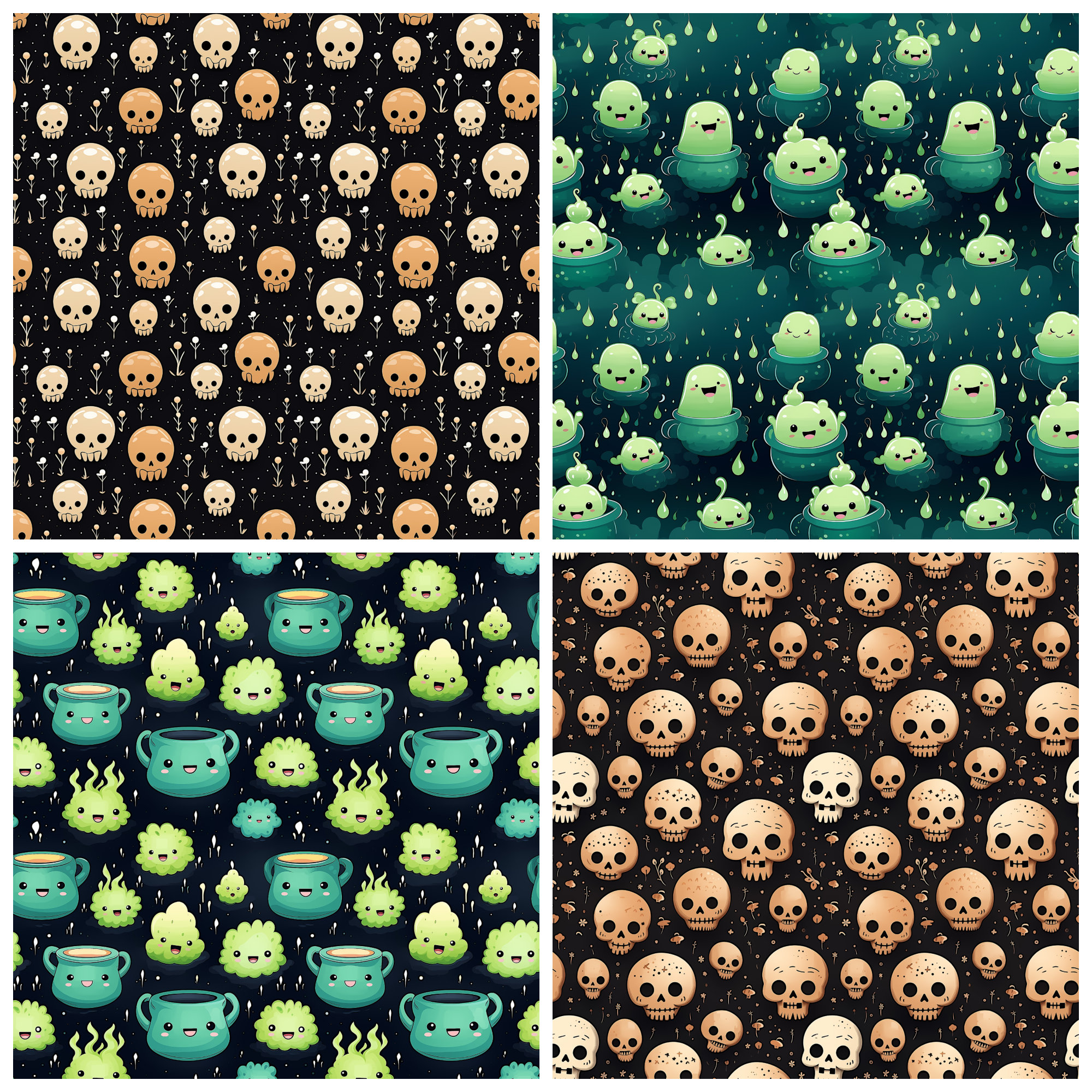 Kawaii Halloween Digital Papers PNG Printable Spooky Seamless Patterns ...