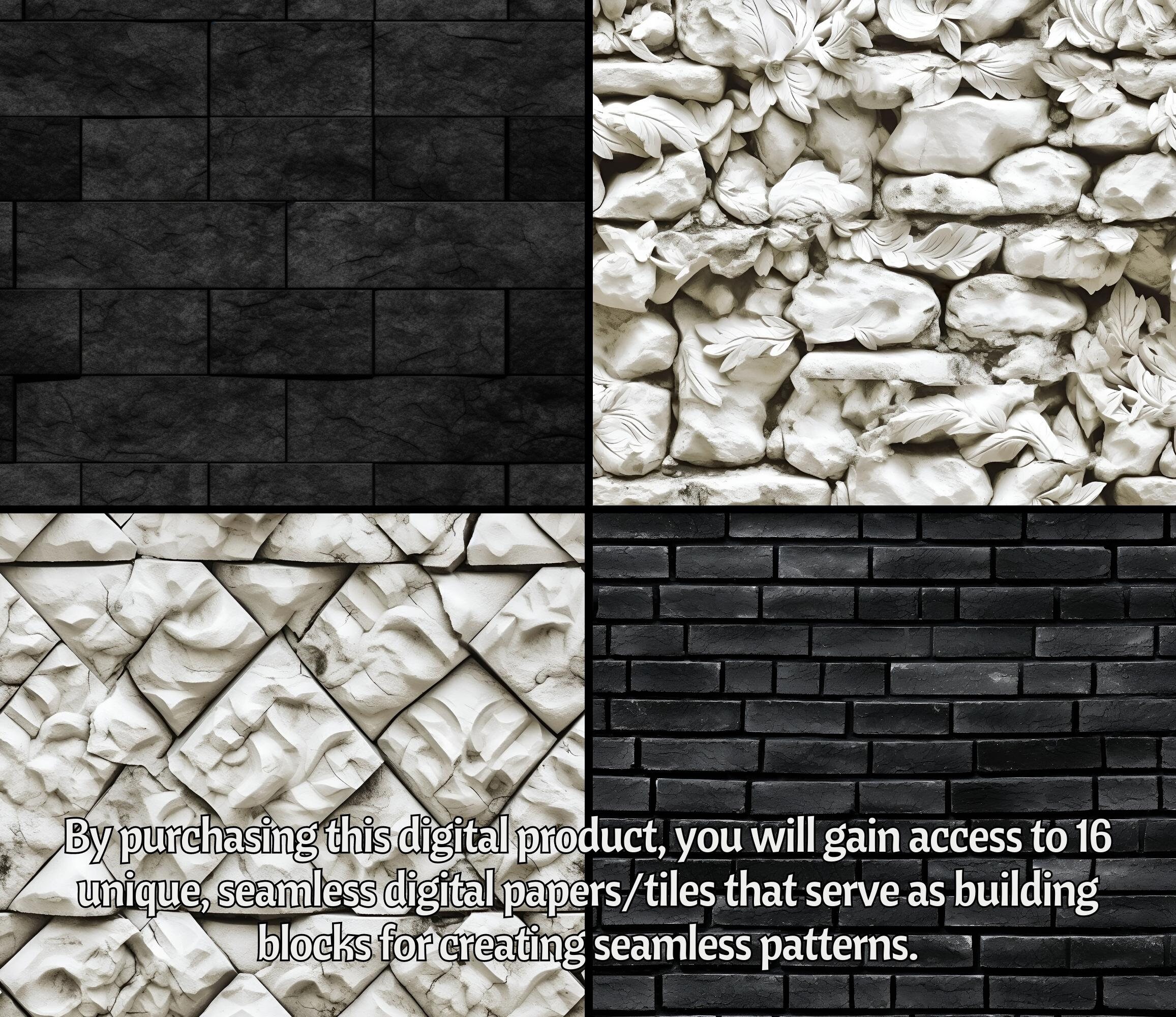 Brick & Stone Wall Textures DIGITAL Papers Printable Black White Walls ...