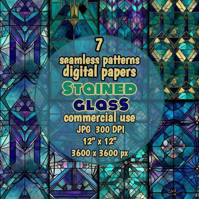 Blue & Green Stained Glass DIGITAL PAPERS Printable Art Deco SEAMLESS ...