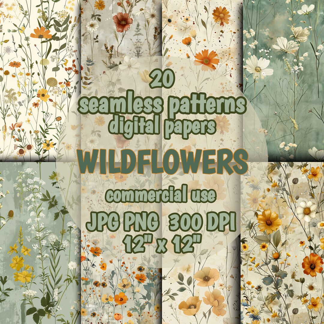 Wildflowers Grunge SEAMLESS Patterns, Delicate Rustic Floral DIGITAL ...