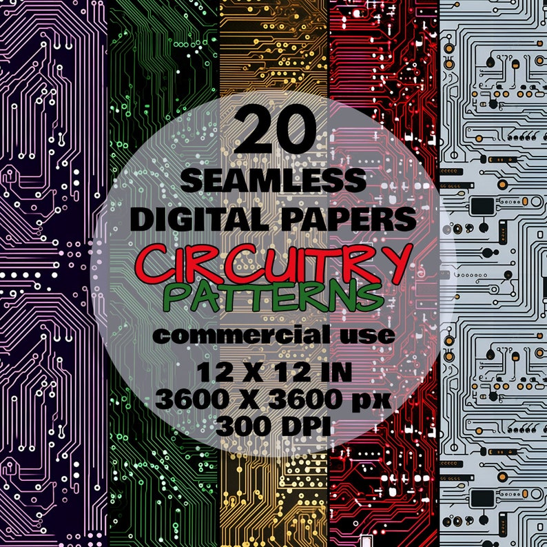 Circuitry Patterns Digital Papers JPG Printable Seamless Circuit Boards ...