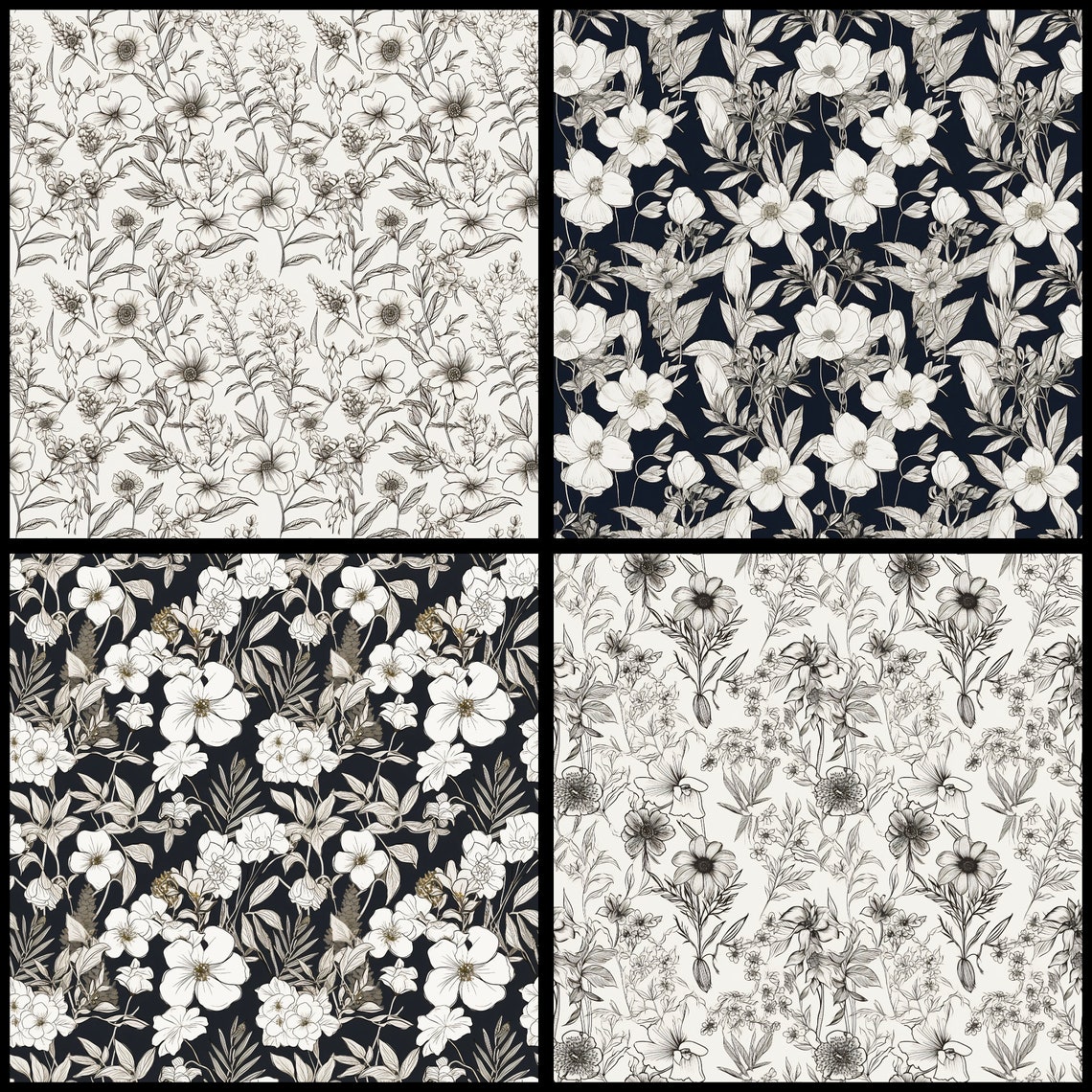 Black & White Floral DIGITAL Papers Printable Grayscale Flowers ...