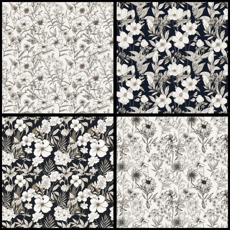 Black & White Floral DIGITAL Papers Printable Grayscale Flowers ...