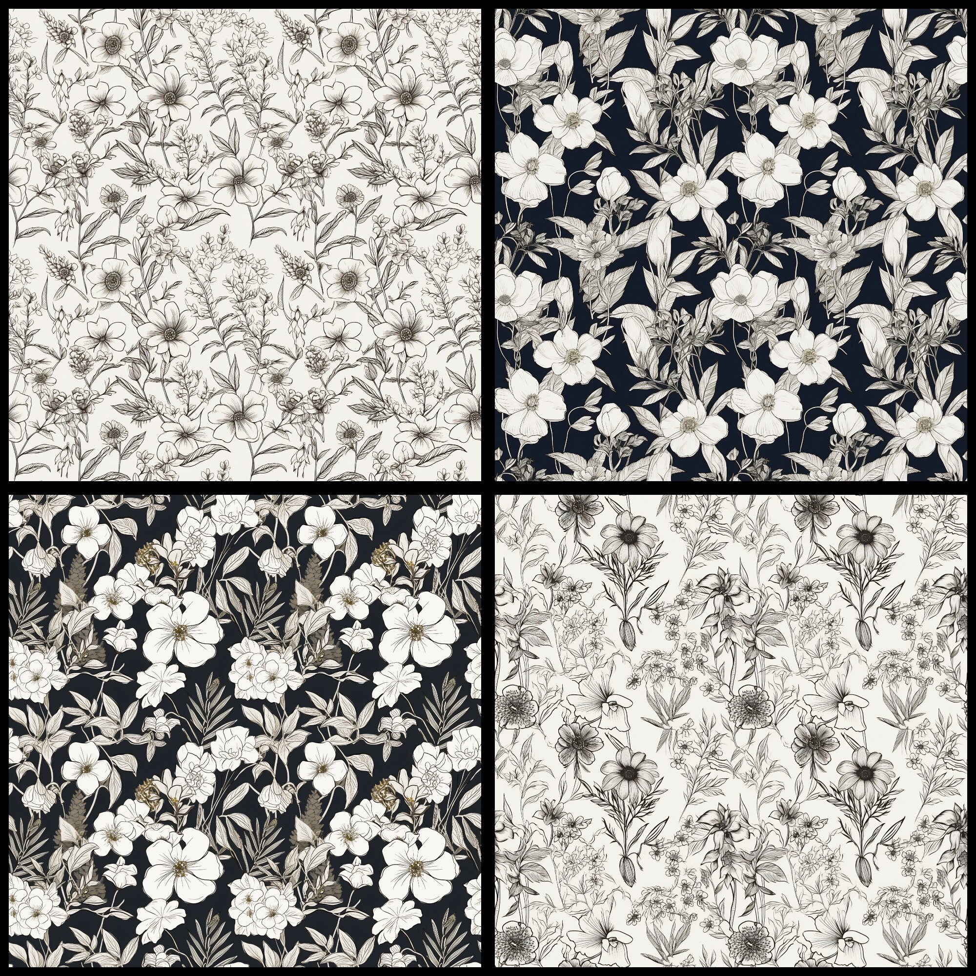 Black & White Floral DIGITAL Papers Printable Grayscale Flowers ...