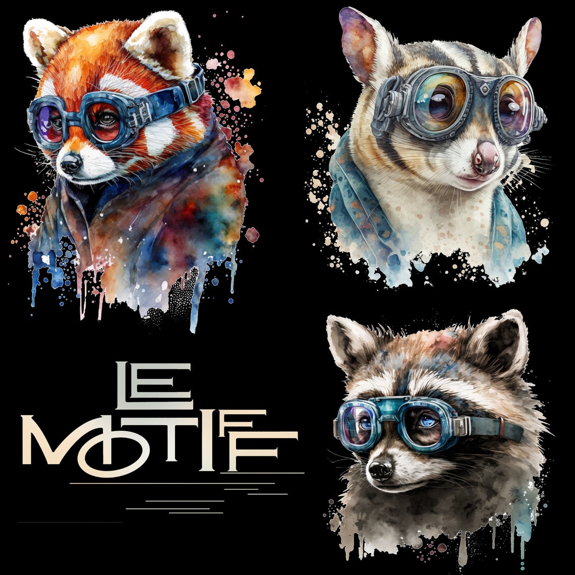 Watercolor Animal Portraits – Goggles Clipart, PNG JPG Set (digital ...