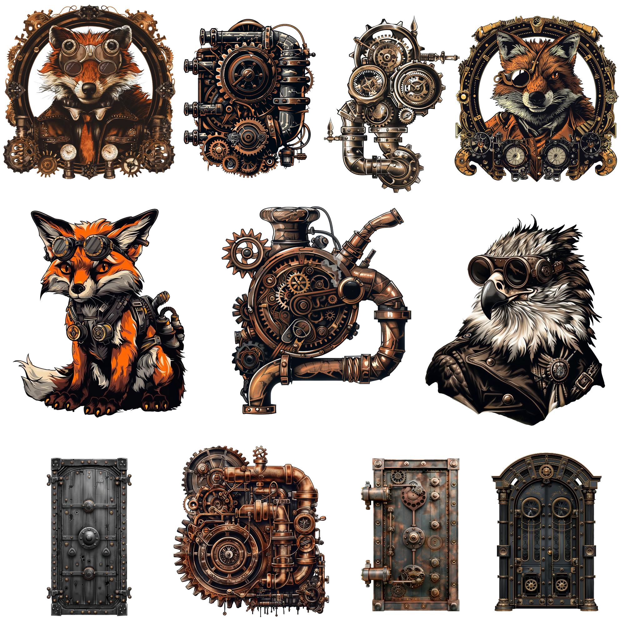 Steampunk CLIPART Bundle Bear Cat Birds Keys Engines Fox Windows Doors ...