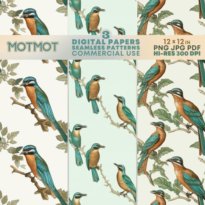 Motmot Bird SEAMLESS Patterns Printable Vintage Green Birds DIGITAL ...