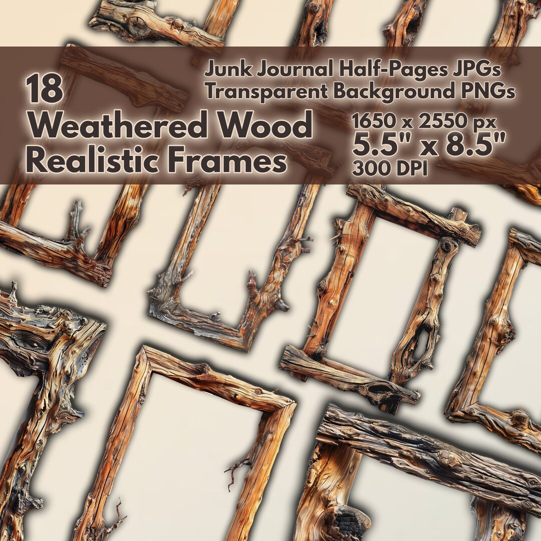 Weathered Wood Frames Clipart, Realistic Wooden Frames Junk Journal ...