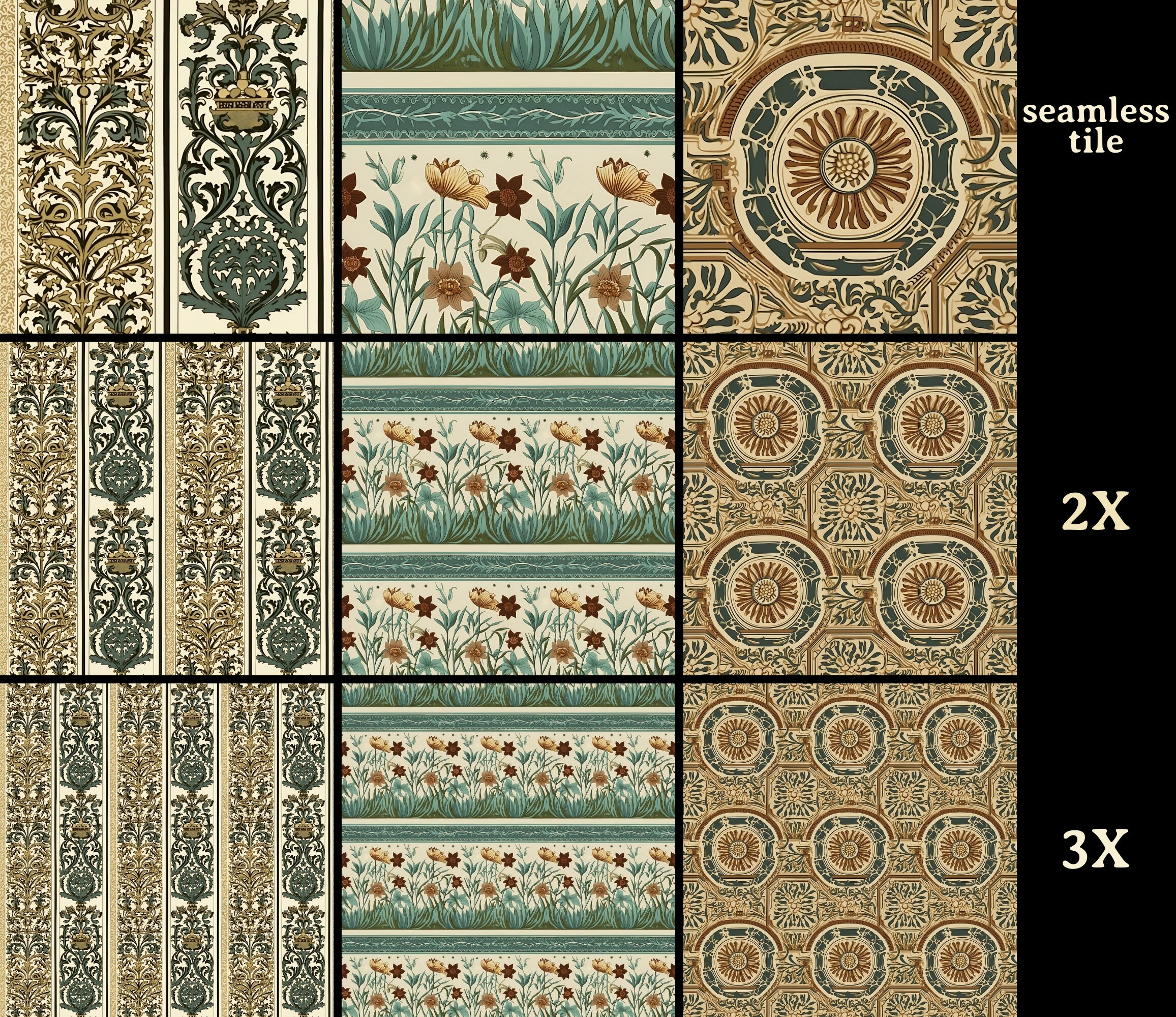 Antique Florals Digital Papers JPG Printable Medieval Decorative ...