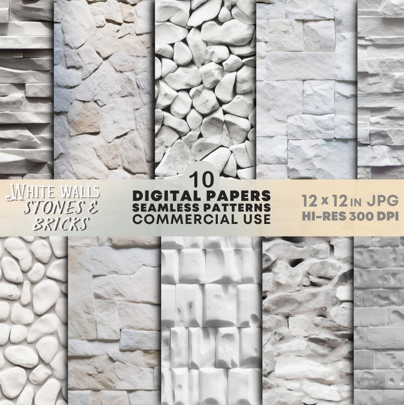 White Brick & Stone Wall Textures DIGITAL Papers Printable SEAMLESS ...