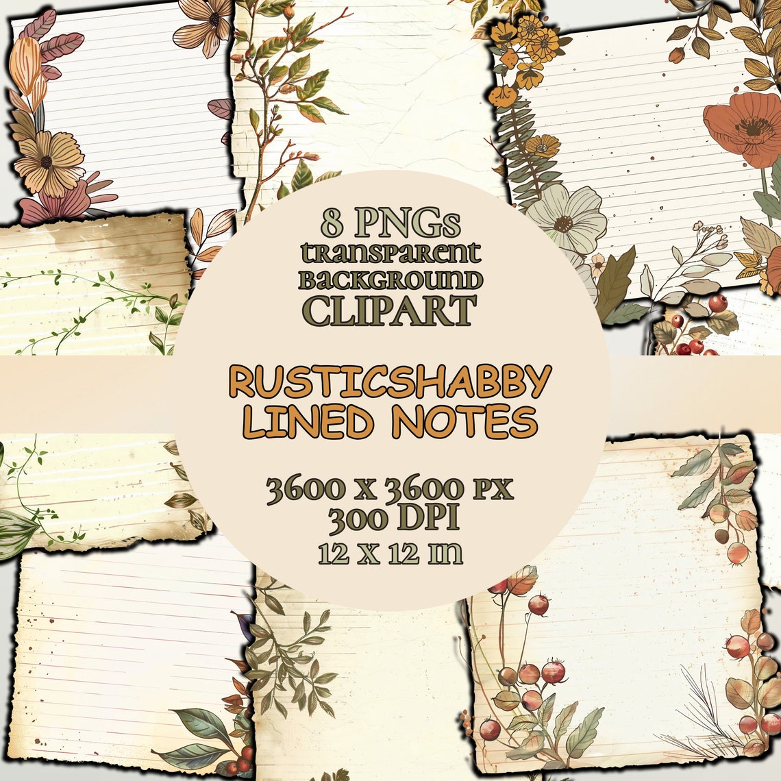 CLIPART Rustic Aged Lined Pages, Shabby Lined Notes Plants & Berries ...