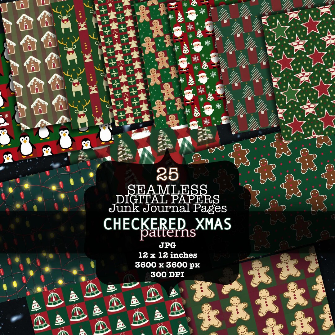Checkered Christmas DIGITAL Patterns, Retro XMAS SEAMLESS Papers, Cozy ...