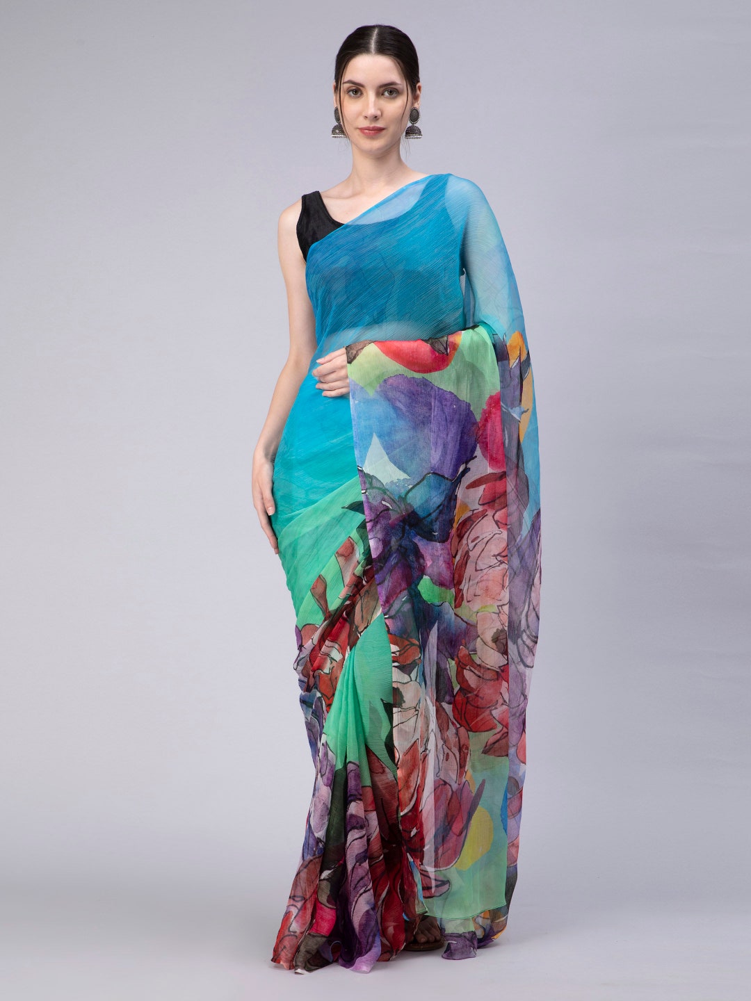 Elegant Blue Shade Floral Chiffon Saree - Etsy