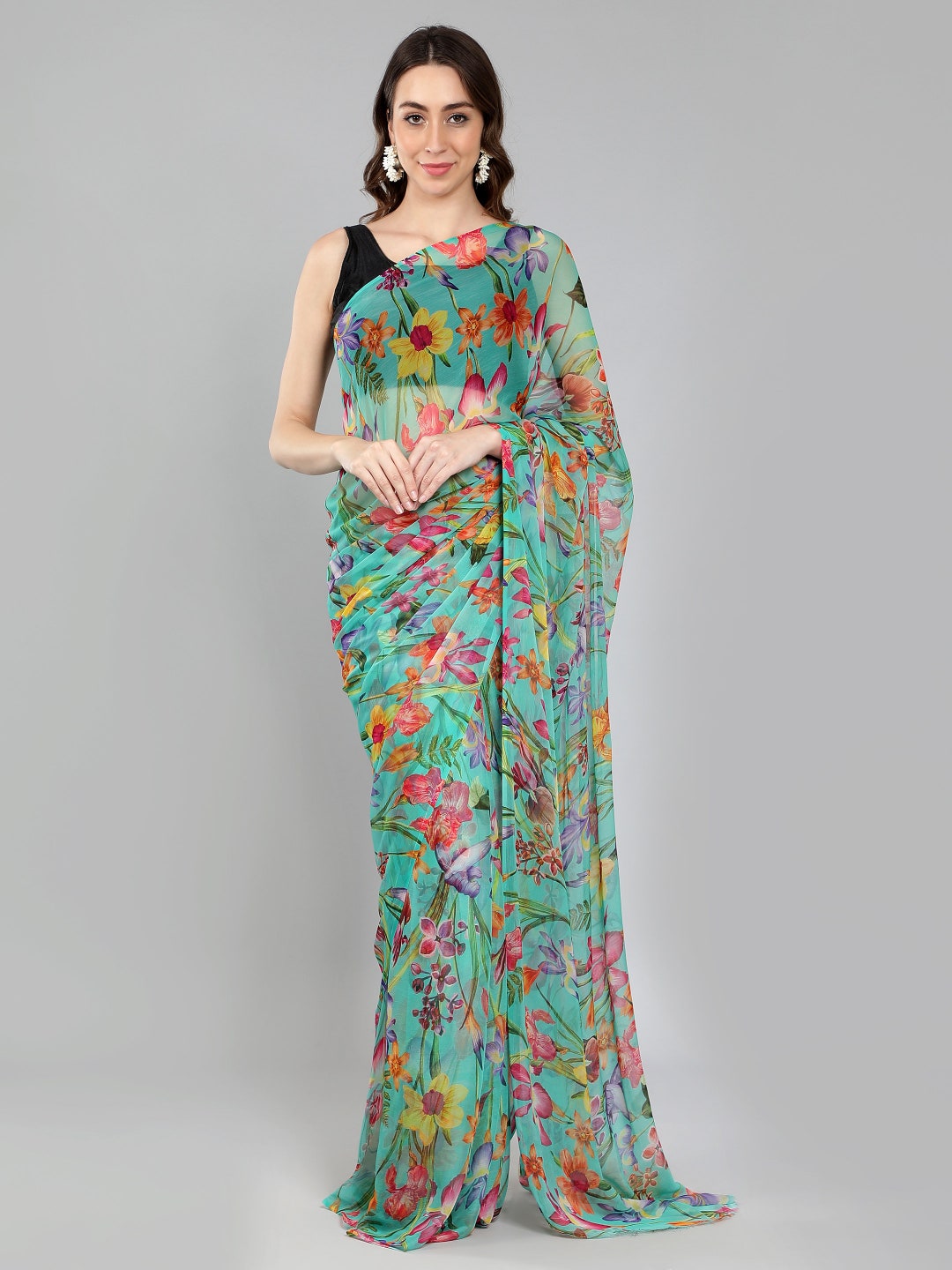 Green Floral Chiffon Saree - Etsy