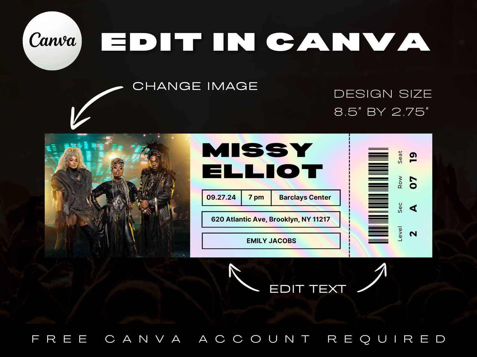 Holographic Editable Concert Ticket Template, Custom Concert Ticket ...