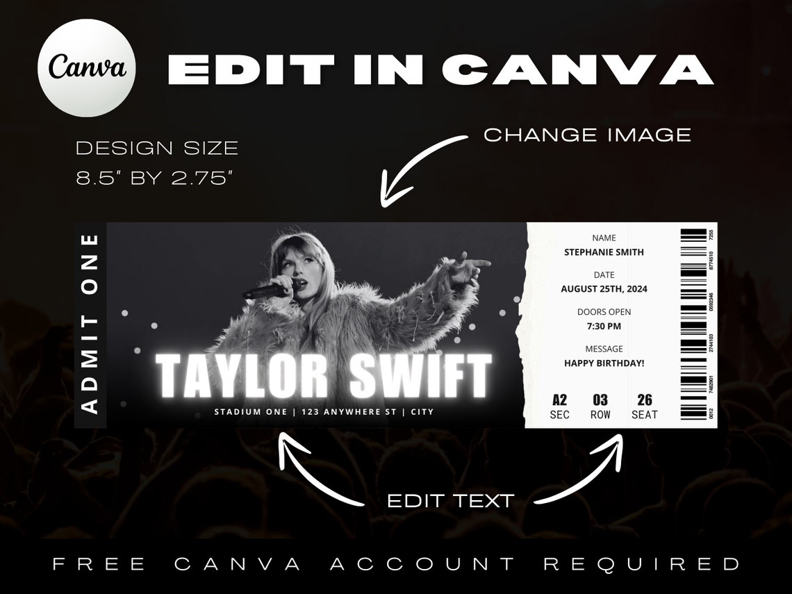 Editable Concert Ticket Template, Custom Concert Ticket Gift, Printable ...