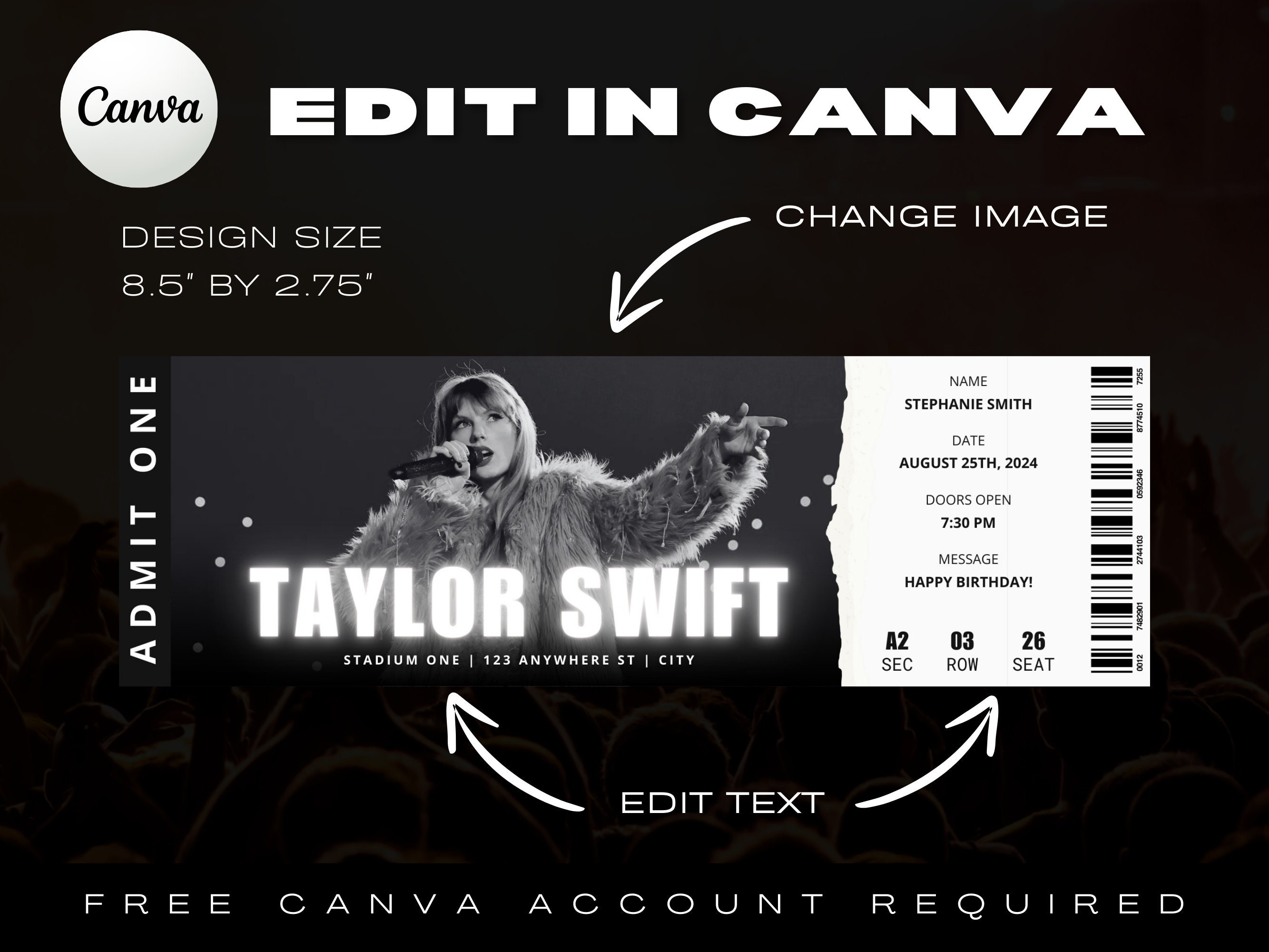 Editable Concert Ticket Template, Custom Concert Ticket Gift, Printable ...