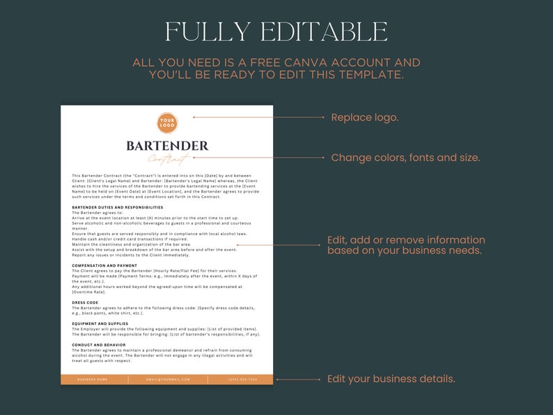 Bartender Contract Template Bundle - Canva Editable Bartender Client ...