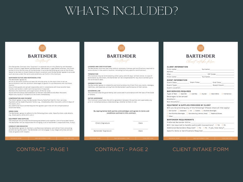 Bartender Contract Template Bundle - Canva Editable Bartender Client ...