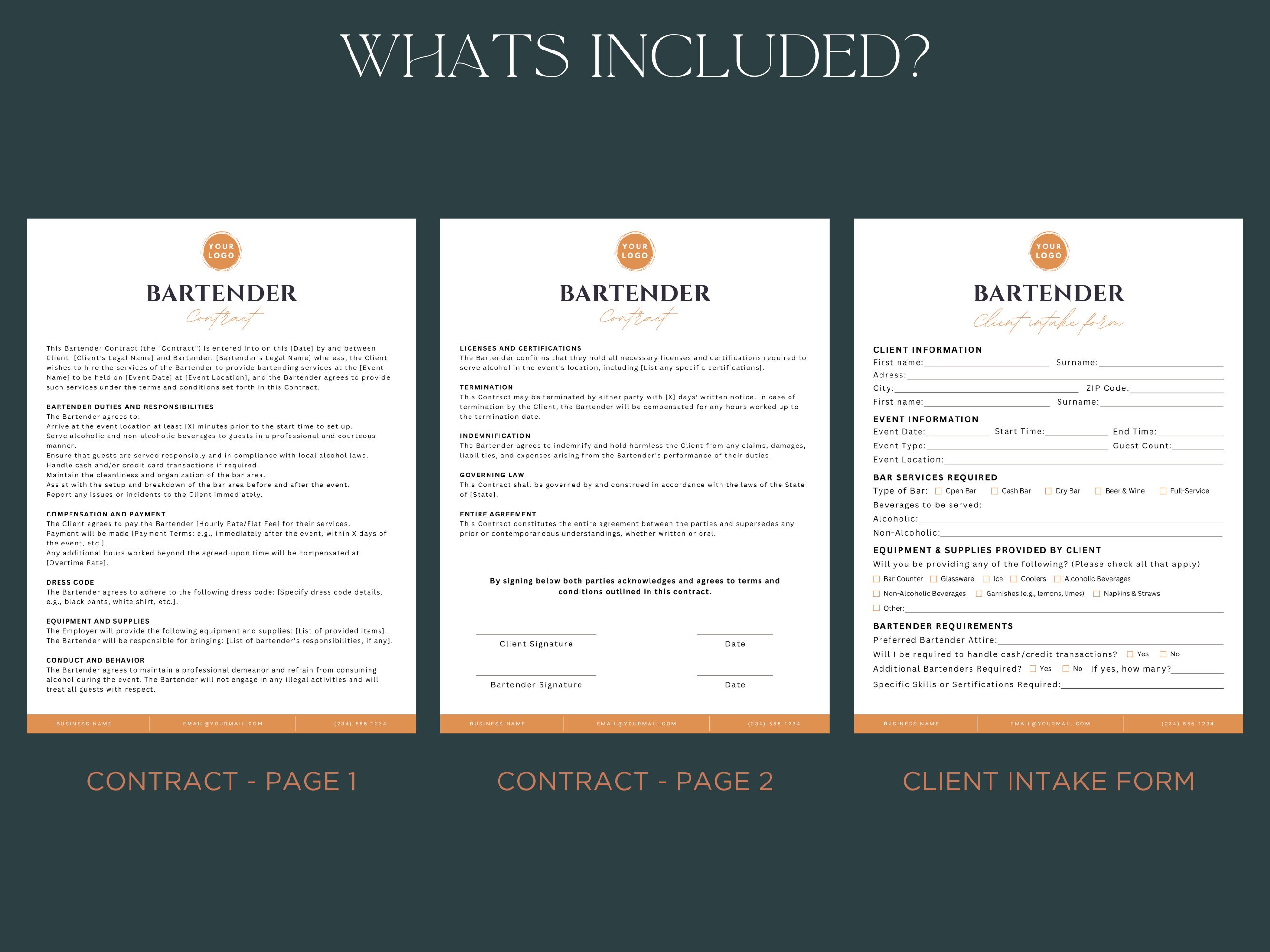 Bartender Contract Template Bundle - Canva Editable Bartender Client ...
