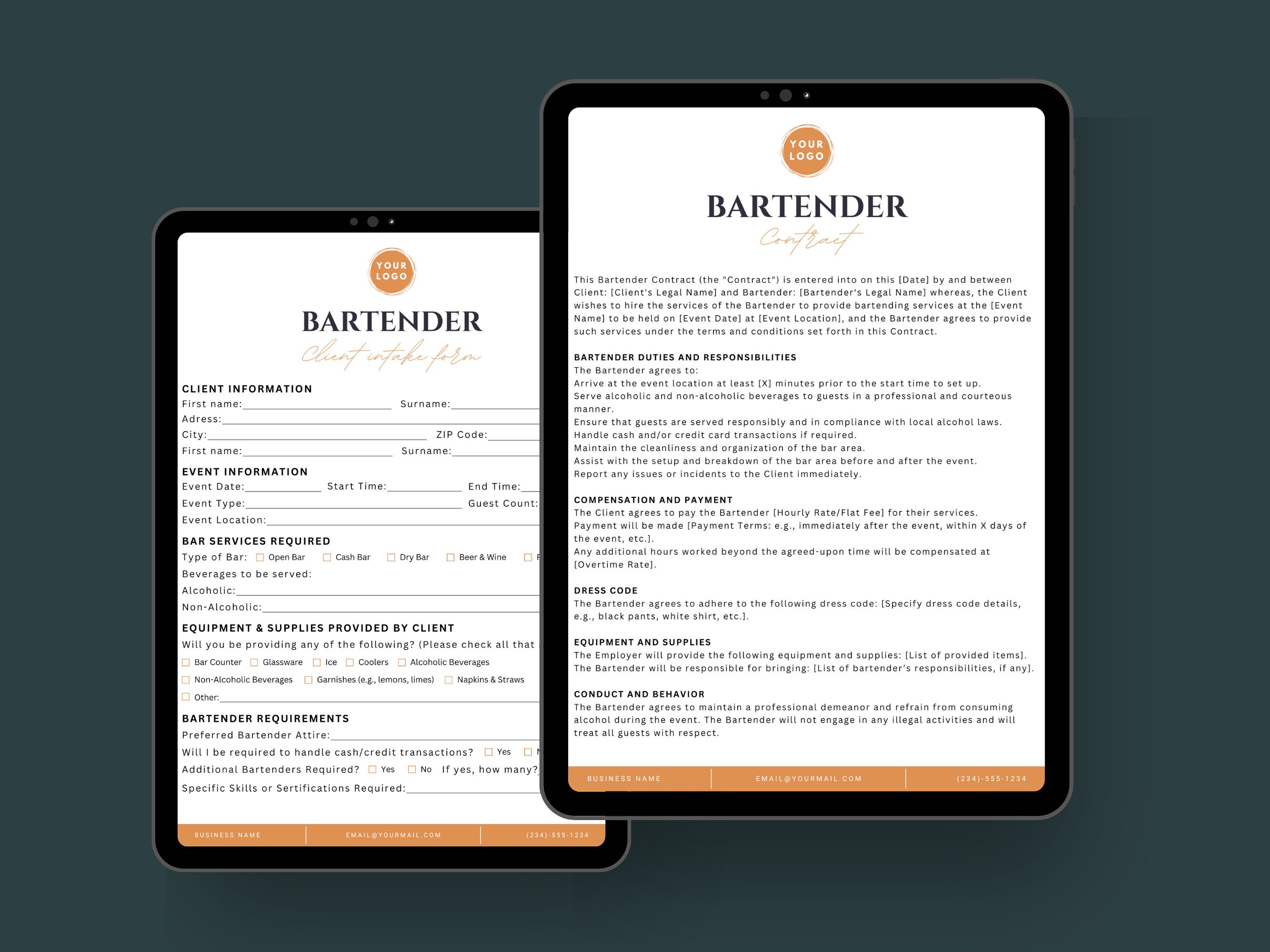Bartender Contract Template Bundle - Canva Editable Bartender Client ...
