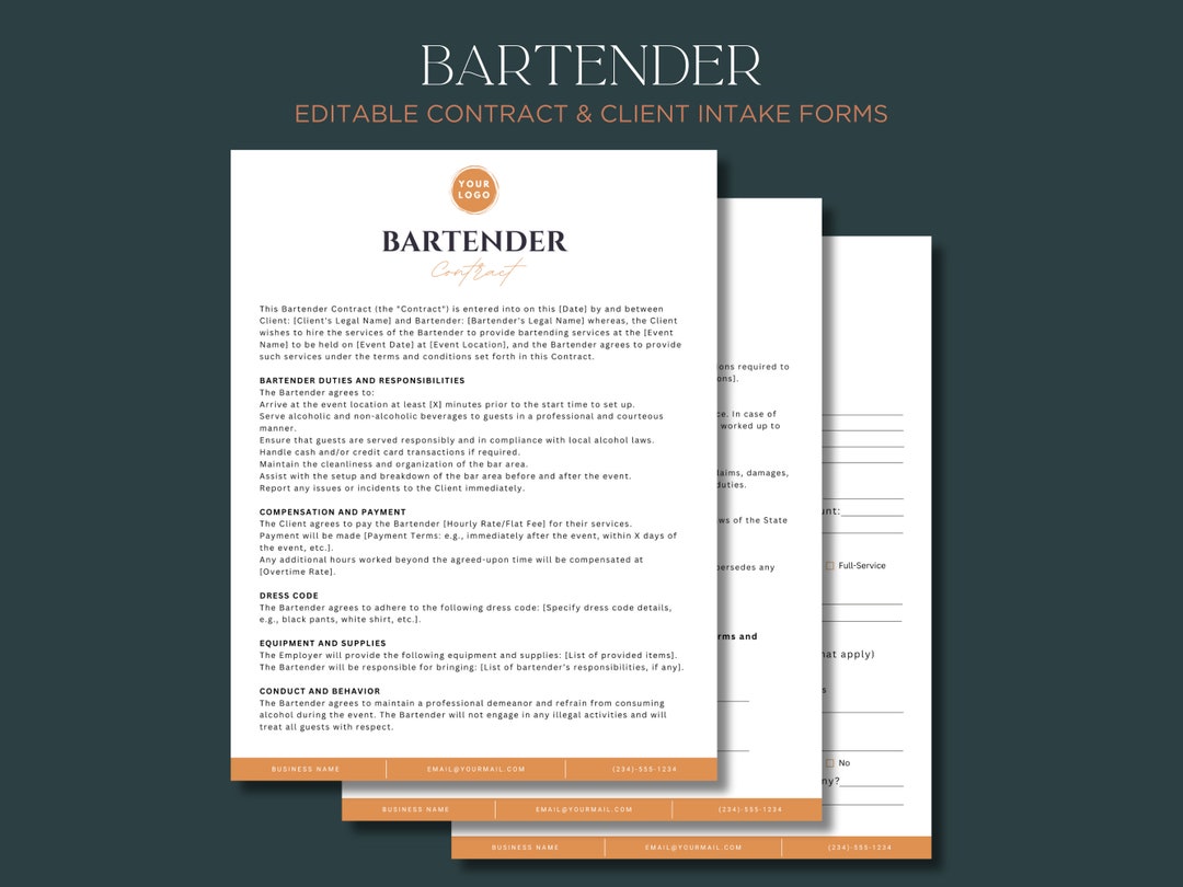 Bartender Contract Template Bundle - Canva Editable Bartender Client ...
