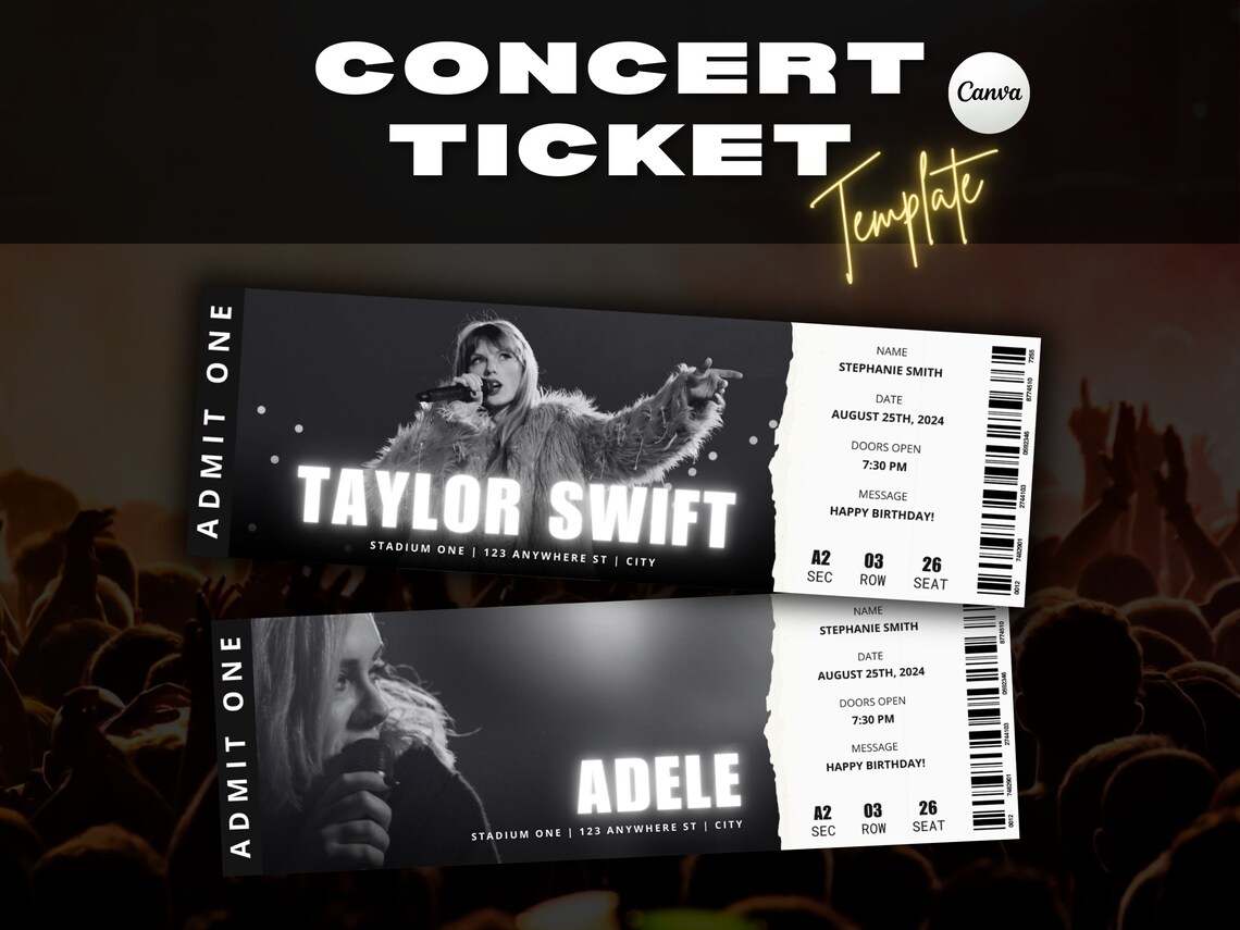 Editable Concert Ticket Template, Custom Concert Ticket Gift, Printable ...