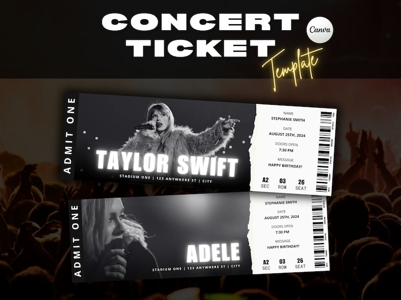 Editable Concert Ticket Template, Custom Concert Ticket Gift, Printable ...