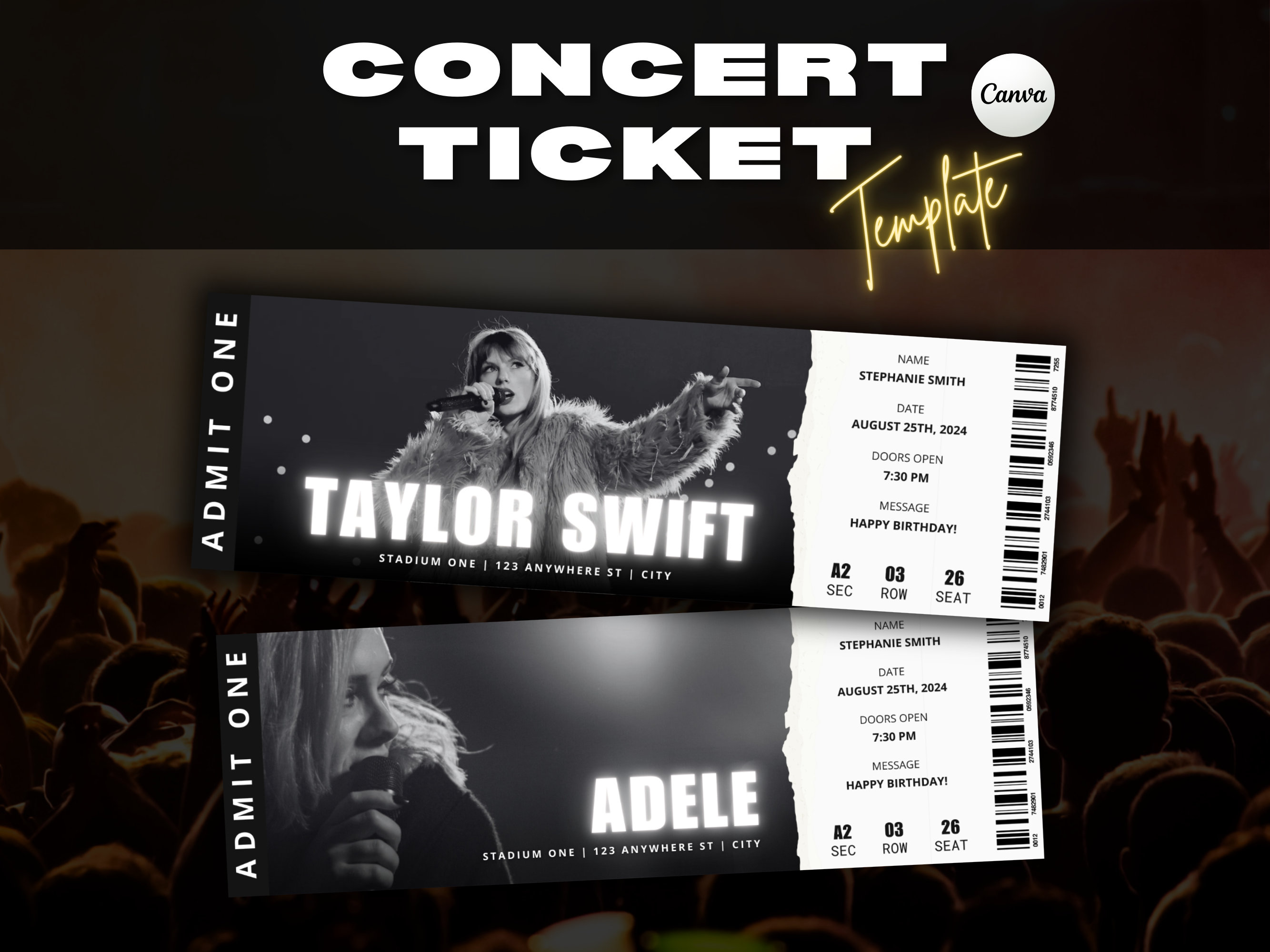Editable Concert Ticket Template, Custom Concert Ticket Gift, Printable ...