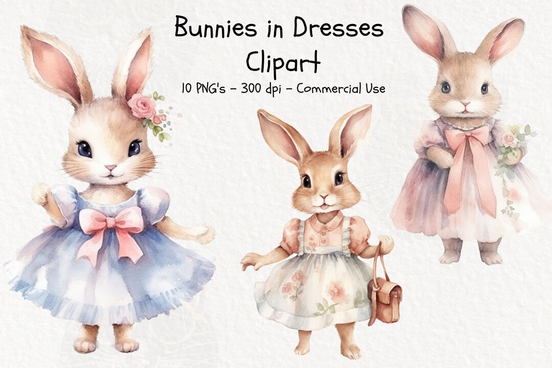 Cute Bunny in Dress Clipart, Printable Watercolor Clipart, 10 High ...